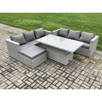 Fimous Polyrattan Gartenm&ouml;bel Set mit 2 Sofa, H&ouml;he verstellbar Esstisch und Hocker Outdoor Terrassen Essgruppe Helles Grau - Fimous