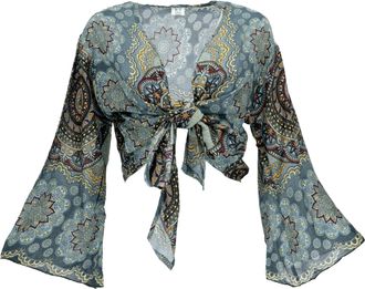 Guru Shop Kurztop, Boho Blusentop, Wickeltop, Wickelbluse - Taubenblau, Damen, Synthetisch