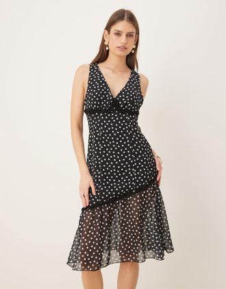 Motel Sovira - Robe mi-longue en mousseline &agrave; pois - Noir