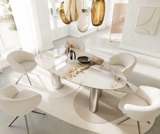 DELIFE Esstisch Edge Oval 220x120 Keramik Minas Melange Wei&szlig;-Beige Pilier Edelstahl, Esstische