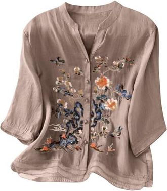 Generico Cocila Chemisiers De Travail pour Femmes Bureau Professionnel Manches Longues Chemisier Brodé en Coton Et Lin Femme Style Bohème 3/4 Tunique Élégante 