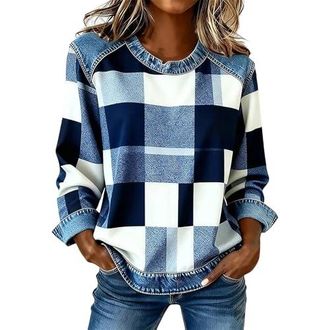 Generic Sweat en Denim Patchwork Femme Fashion Manches Longues Pull-Over Col Rond Couleur Unie Top Haut Streetwear Grandes Tailles Vetement pour Printemps Aut