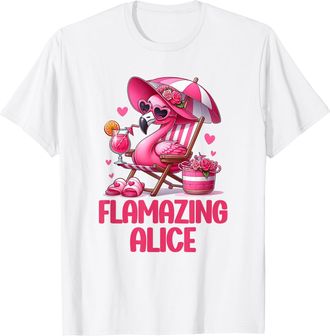 BDAZ Flamazing Alice Pink Flamingo Tropical Beach Trip Damen T-Shirt