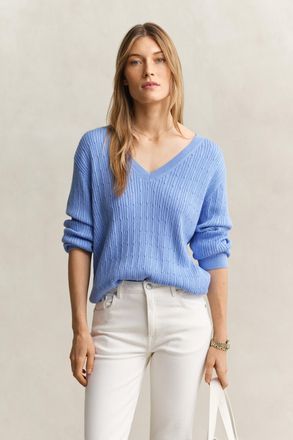 GANT Damen V-Neck Pullover mit Zopfmuster (XXS) HYDRANGEA Blau