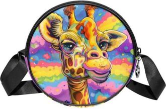 Generic Sac &agrave; bandouli&egrave;re rond pour femme, girafe arc-en-ciel, petit sac &agrave; bandouli&egrave;re avec fermeture &eacute;clair, bretelles r&eacute;glables, sac &agrave; main rond d&eacute;contract&eacute;