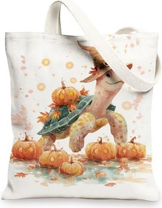 Generic Sacs fourre-tout en toile avec motif tortue mignonne, adorable motif citrouille, sacs dépicerie réutilisables, amusants pour lautomne léger, lavable, 