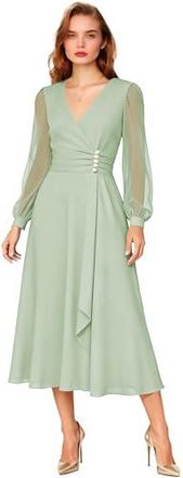 Generic Robe de mère de la mariée à manches longues en mousseline de soie plissée avec col en V pour invitée de mariage, vert sauge, 46 Grande taille