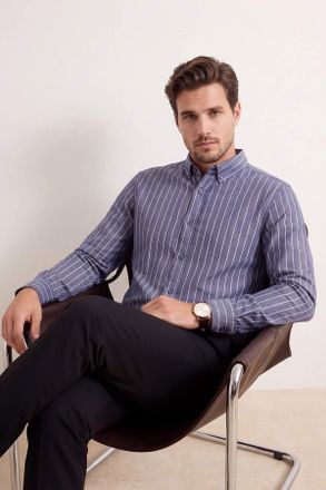 Trendyol MAN Herren Dunkelblau Gestreift Lang Regular Fit Hemden