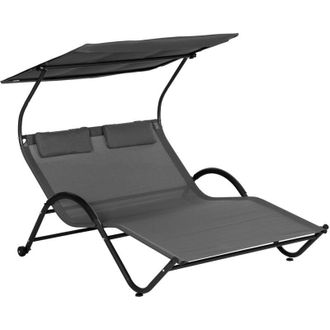 OUTSUNNY Bain de soleil 2 places lit de jardin design contemporain auvent r&eacute;glable roulettes t&eacute;ti&egrave;res acier &eacute;poxy polyester gris