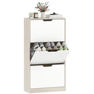 HOMCOM Schuhregal schmal, 3 Klappent&uuml;ren, Schuhregal f&uuml;r 18 Paar Schuhe, f&uuml;r Flur, kleine R&auml;ume, 62,5x26x117,5 cm, Eiche und Wei&szlig;