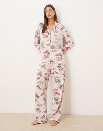 Chelsea Peers Ensemble de pyjama en jersey imprim&eacute; estival et l&eacute;opards avec col &agrave; revers - Rose