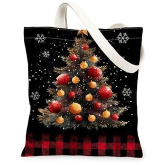 Generic Sac fourre-tout en toile motif arbre de No&euml;l, sacs d&eacute;picerie r&eacute;utilisables, r&eacute;tro l&eacute;gers et lavables avec bandouli&egrave;re pour salle de sport, voyage, piq