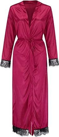 Generic Robe de chambre kimono longue en soie pour femme, robe de bain, lingerie de nuit, dos transparent, soutien-gorge 90, bordeaux, XXL
