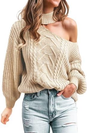 Cupshe Pull à épaules dénudées pour femme, manches longues, col montant, décontracté et léger, beige, Taille XL