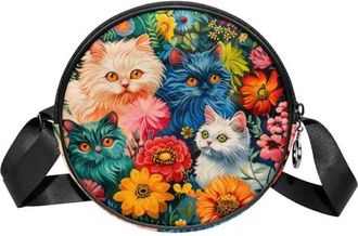 Generic Petit sac &agrave; bandouli&egrave;re rond pour femme, motif chats et fleurs, sac &agrave; dos avec fermeture &eacute;clair, bretelles r&eacute;glables, sac &agrave; main rond d&eacute;contract&eacute; pour