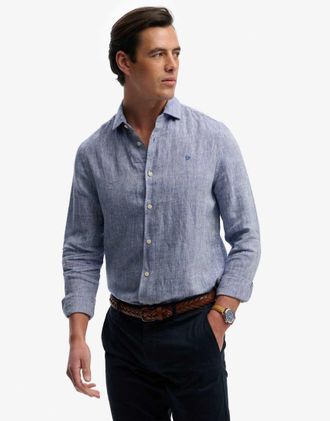 Superdry Riviera - Lang&auml;rmliges Leinenhemd aus Chambray in Franz&ouml;sisch-Blau