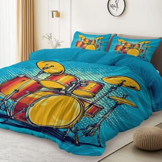 Generic Bettw&auml;sche 135 x 200 cm, Cartoon Musik Schlagzeug Bedrucktes Weich & B&uuml;gelfrei Mikrofaser Blau Wendebettw&auml;sche mit Rei&szlig;verschluss, F&uuml;r Teenager Kinder