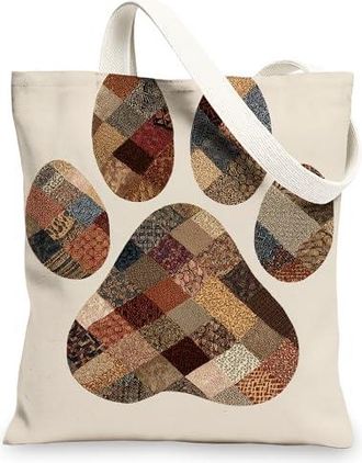 Generic Sacs fourre-tout en toile patchwork, sacs dépicerie réutilisables, motif patte danimal élégant, vintage, bohème, léger, lavable, beige, 13x15 Inch