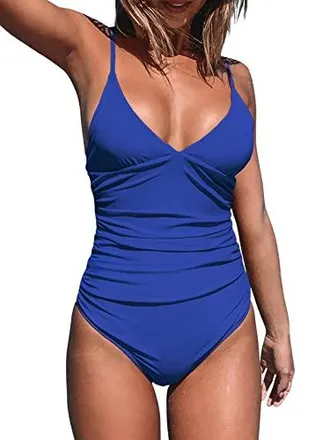 Cupshe Maillot de Bain Une pièce pour Femme Col en V Profond Bretelles Spaghetti réglables Maillot de Bain froncé Devant Bas du Dos Bleu Royal XL