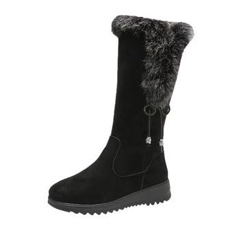 Generic Bottes dhiver mi-mollet noires pour femme doubl&eacute;es de fourrure imperm&eacute;ables d&eacute;contract&eacute;es en daim pelucheux avec fermeture &eacute;clair lat&eacute;rale, Noir, 40.5