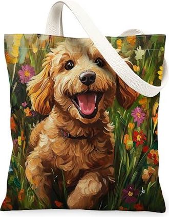 Generic Sac fourre-tout en toile motif chien griffonn&eacute; dor&eacute; printemps 33 x 38,1 cm, sac d&eacute;picerie r&eacute;utilisable pour femme, motif animal de compagnie, d&eacute;corati