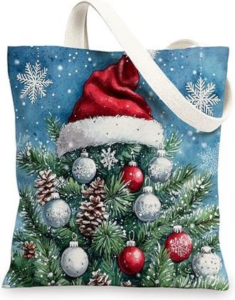 Generic Sac fourre-tout amusant en toile avec chapeau de No&euml;l pour faire du shopping, 33 x 38,1 cm, motif sapin de No&euml;l amusant, boules de pomme de pin, sac d