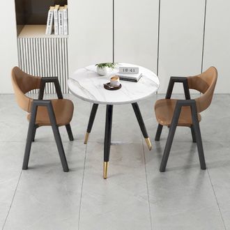 Generic Runder Empfangstisch Und 2 St&uuml;hle Im Set - Moderne Holzmaserung Mit PU-Ledersitzen for B&uuml;ro Oder Lounge(Brown Chairs+Faux Marble Table)