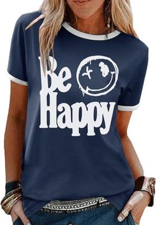 Heekpek T Shirt Femme Tee Shirt Haut Top Ete T-Shirts &agrave; Manches Courtes Chemises D&eacute;contract&eacute;es en Coton &agrave; Col Rond, Bleu Marine 2, M