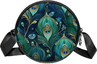 Generic Sac &agrave; bandouli&egrave;re rond rond pour femme, motif plumes de paon, avec fermeture &eacute;clair, bretelles r&eacute;glables, style d&eacute;contract&eacute;