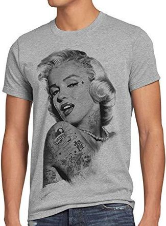 style3 Marilyn Tatouage T-Shirt Homme Hollywood Star Monroe, Taille:L, Couleur:Gris chiné