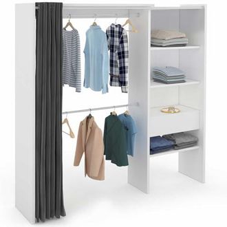 IDMarket Dressing Extensible Marty 120/170 x 50 x 180 cm Blanc avec &eacute;tag&egrave;res + Double penderie + Rideau Gris