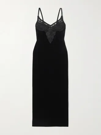 Self Portrait Robe Midi En Velours À Finitions En Dentelle - Noir