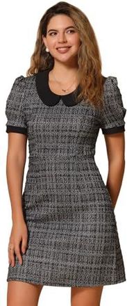 Allegra K Robe en Tweed Femme A-Ligne Col Claudine Manches Courtes Bouffantes Mini-Robe Trapèze à Carreaux Noir Blanc L