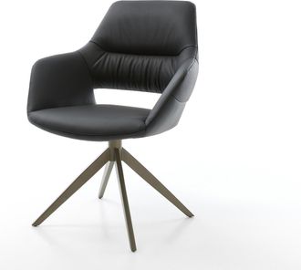 DELIFE Drehstuhl Yago-Flex mit Armlehnen Echt-Leder Schwarz Kreuzgestell breit Effektfinish Titan 360&deg; drehbar Wippfunktion Taschenfederkern, Esszimmerst&uuml;hle
