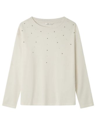 Springfield Damen Long Sleeve Round Neck T-Shirt with Frontal Pearls Langarmshirt, wei&szlig;, X-Small