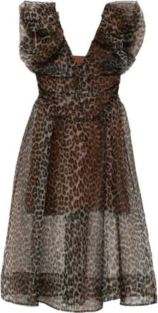 Ganni Femme, Robes, Brun, Taille: 40 FR Robe Longue Imprim&eacute;e Textur&eacute;e en Organza Fronc&eacute;e