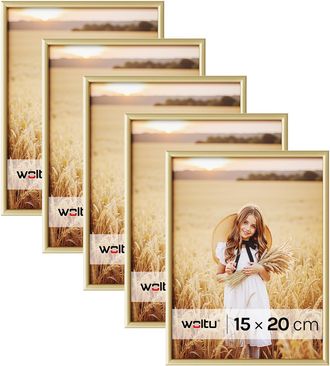 Woltu Bilderrahmen 15x20 cm, 5 Set, Fotorahmen Gold, Aluminium, mit Passepartout, zum vertikalen oder horizontalen Aufh&auml;ngen/Aufstellen, f&uuml;r Fotos, Bilder