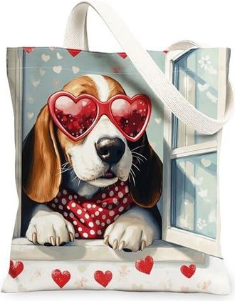 Generic Sac fourre-tout en toile motif chien basset pour faire du shopping, 33 x 38,1 cm, sac &agrave; bandouli&egrave;re r&eacute;utilisable pour la Saint-Valentin, d&eacute;coration de