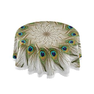 Mnsruu Tischdecke 60 Zoll Rund Sch&ouml;ne Pfauenfeder Vogel Artwork Tischdecke Tischdecke Dekorative Spitze Makramee f&uuml;r Buffettisch Party Urlaub Abendessen