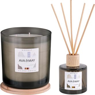 Ava & May Norway Home Fragrance Set - veganes Set mit Duftst&auml;bchen und Duftkerze - 1 x Norwegen Diffuser und 1 x Norwegen Kerze mit hochwertigem Duft&ouml;l