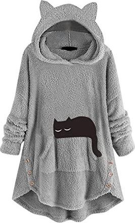 Generic Sweat &agrave; capuche en polaire avec poche et oreilles de chat pour femme - Imprim&eacute; mignon - Manches longues, gris, L