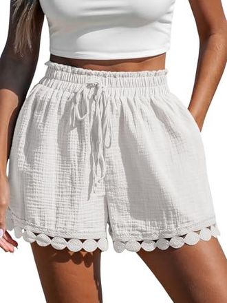 Cupshe Short en coton pour femme - Taille élastique - Ourlet ample orné avec cordon de serrage - Poches latérales, ecru, XL