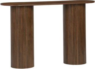 Sweeek Console ovale scandinave effet bois rainur&eacute;, pieds ronds, couleur noyer, l 120 x p 35 x h 75cm