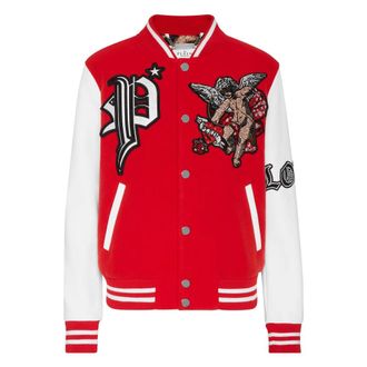 Philipp Plein Wool and Leather Bomber Love Angel - - Jackets - Damen - Rot - S