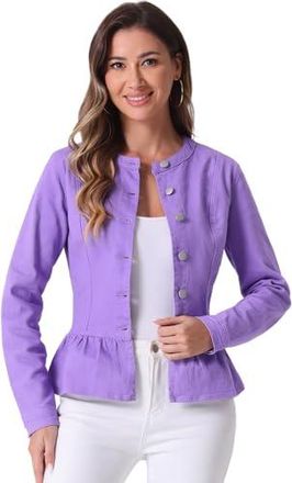 Allegra K Vestes en denim courtes boutonn&eacute;es &agrave; basque col rond pour femmes Mauve M