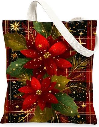 Generic Sacs fourre-tout en toile motif floral de No&euml;l, sacs r&eacute;utilisables &eacute;l&eacute;gants et l&eacute;gers, lavables avec bandouli&egrave;re en toile pour, Rouge, 13x15 Inch