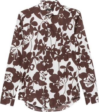 Brian Dales Homme, Chemises, Blanc, Taille: 2XL Camicia C/stmp Fiori Marrone
