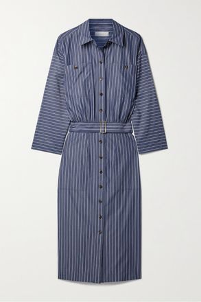 Lafayette 148 New York Gestreiftes Midi-hemdblusenkleid Aus Baumwollpopeline Mit G&uuml;rtel - Blau