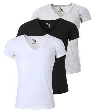Young & Rich Herren Uni T-Shirt mit extra tiefem V-Ausschnitt Slimfit Stretch Dehnbare Passform einfarbiges Basic Shirt - 3er Pack, Gr&ouml;sse:3XL, Farbe:Wei&szlig;/Schwarz/