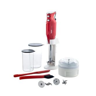 Bamix Set mixeur plongeant M350 MAXX avec support, 2 récipients, 4 accessoires, Processeur, Spatule, Brosse de nettoyage, 300 W, Fabriqué en Suisse, Rouge/c